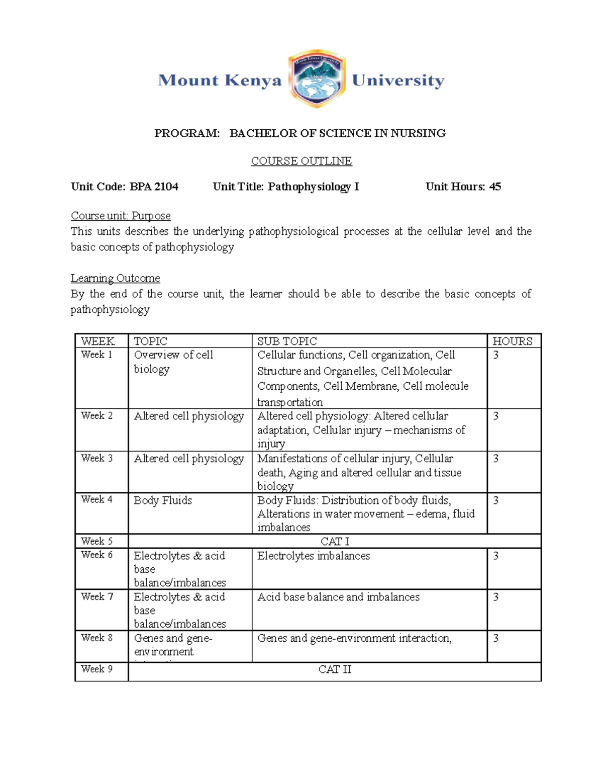 Pathophysiology I course outline - PROGRAM: BACHELOR OF SCIENCE IN ...