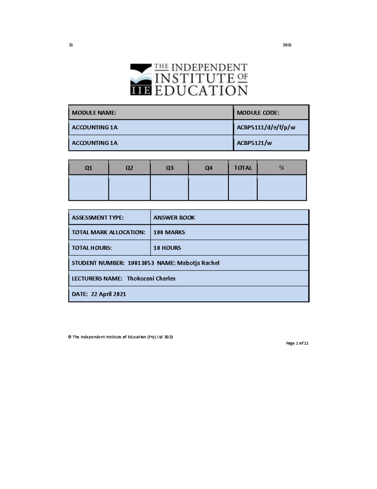Accounting Assignment Answers - MODULE NAME: MODULE CODE: ACCOUNTING 1A ...