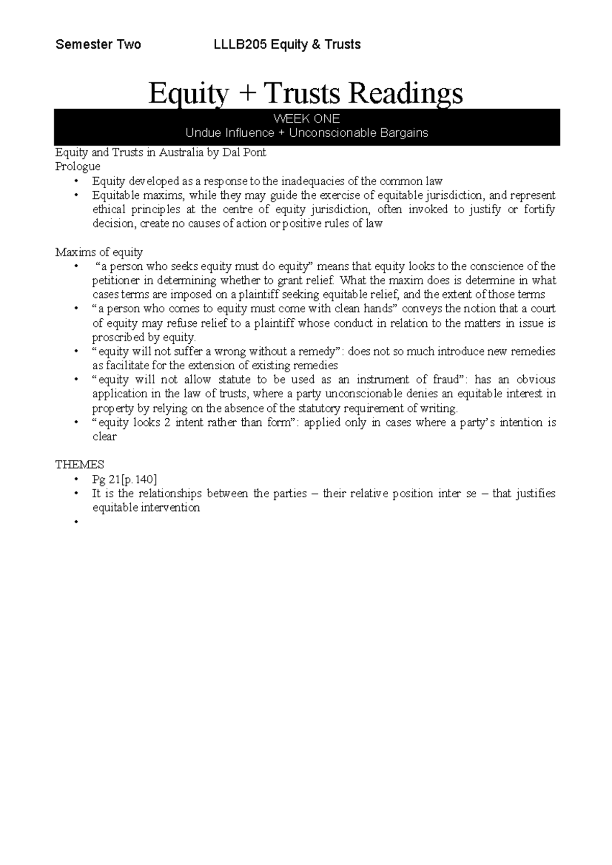 Equity + trusts readings - Semester Two LLLB205 Equity & Trusts Equity ...