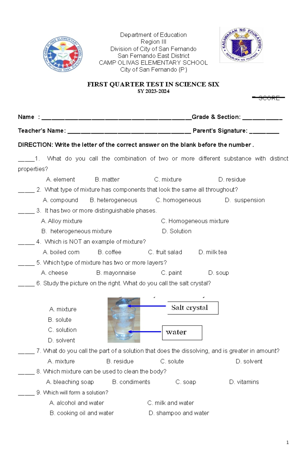 1st Periodic Test in Science Grade 6 2023-2024 rayver - Department of ...