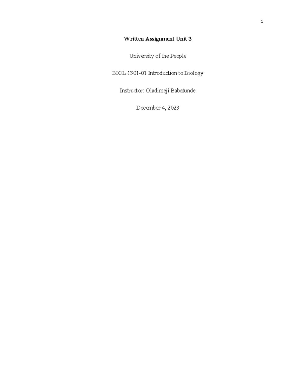 Written Assignment bio Unit 3 - Written Assignment Unit 3 University of the People BIOL 1301-01 ...