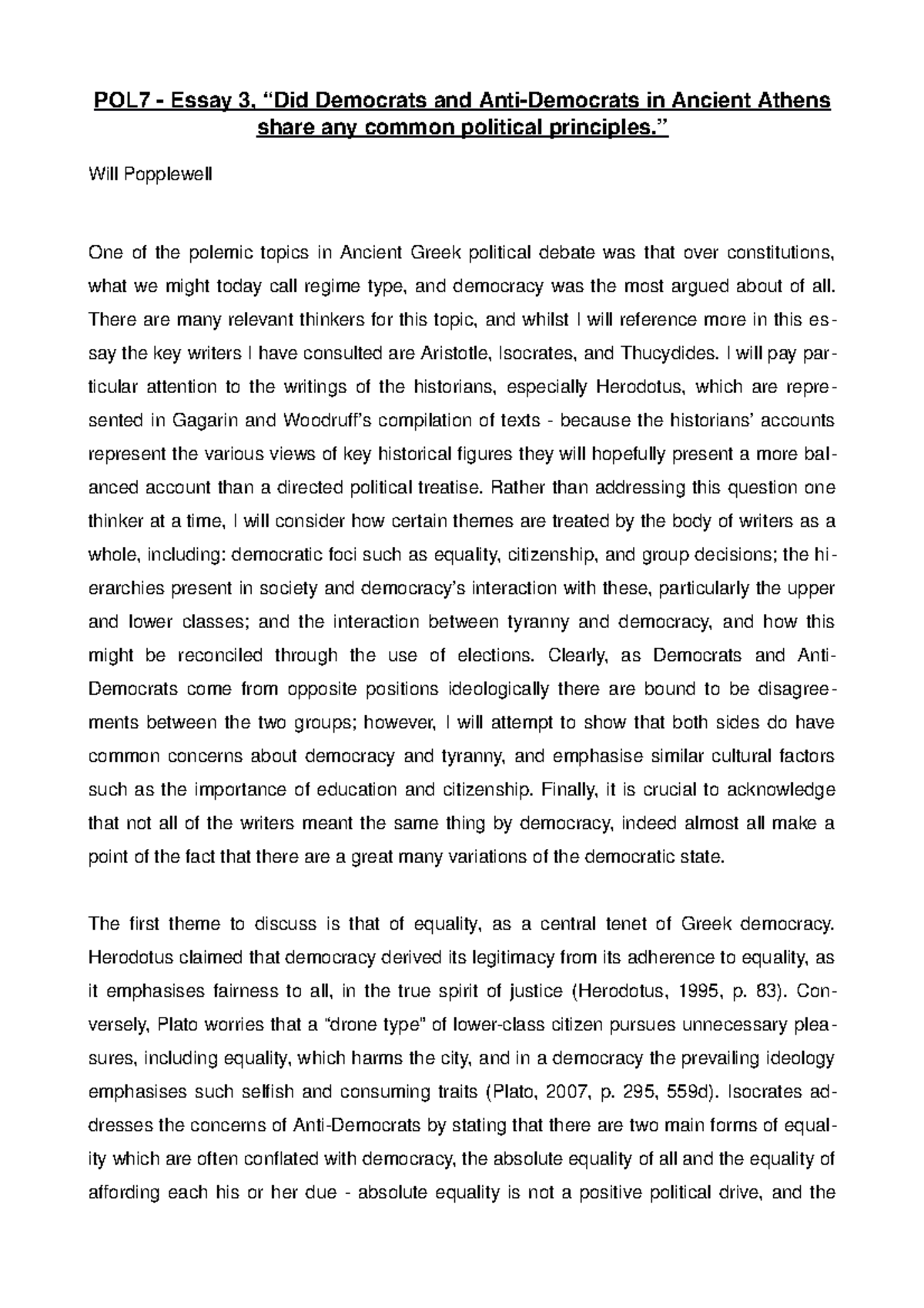 POL7 - Essay 3, “Did Democrats and Anti-Democrats in Ancient Athens ...