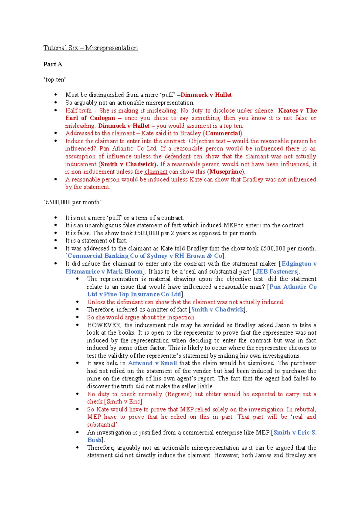 Tutorial Six – Misrepresentation - Tutorial Six – Misrepresentation Part A ‘top ten’ Must be ...