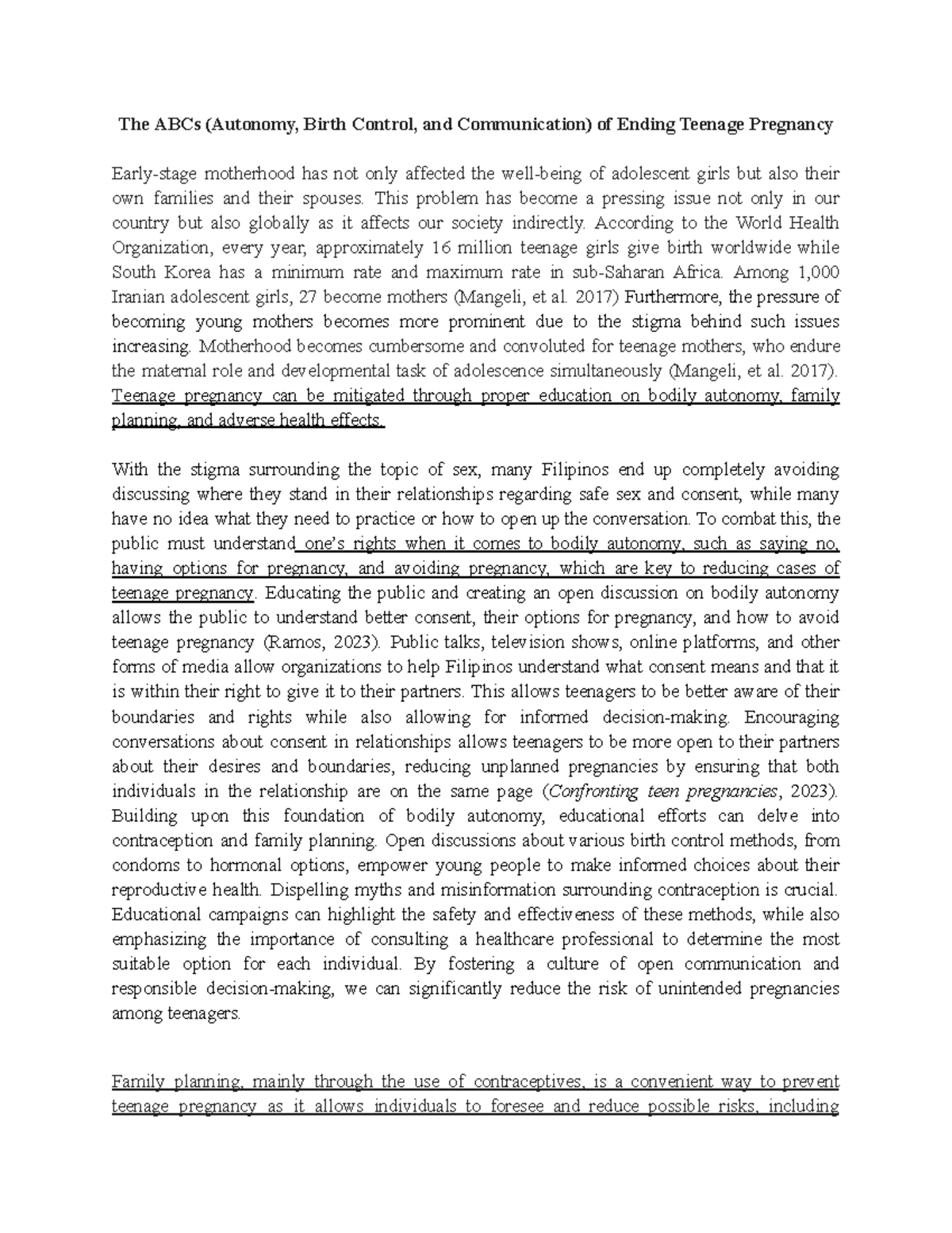 Final PSE Essay - The ABCs (Autonomy, Birth Control, and Communication ...