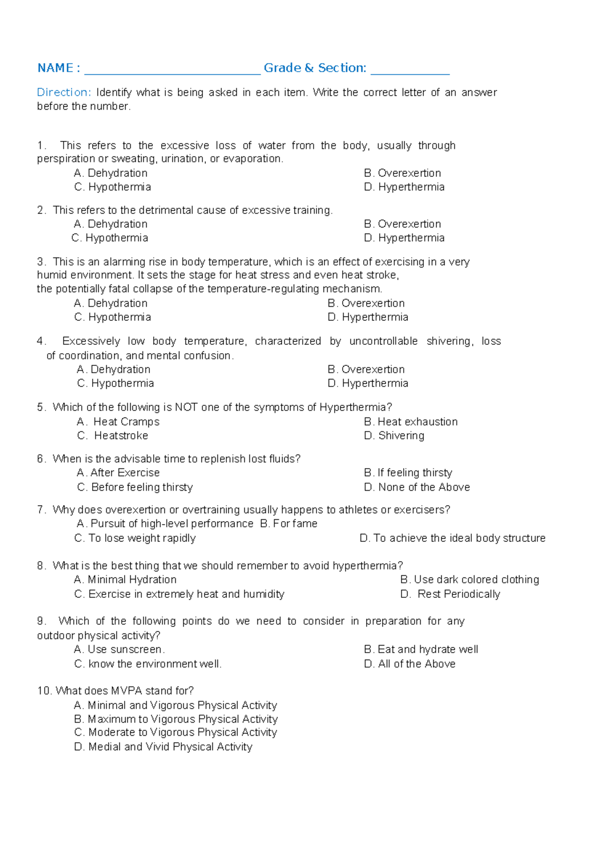 PE 5 quiz - PE QUIZ - NAME : _____________________________ Grade ...