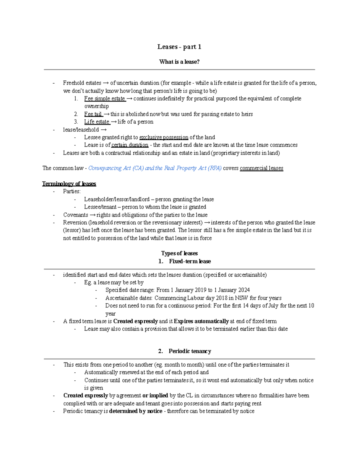 Leases part 1 summary - Leases - part 1 What is a lease? Freehold ...