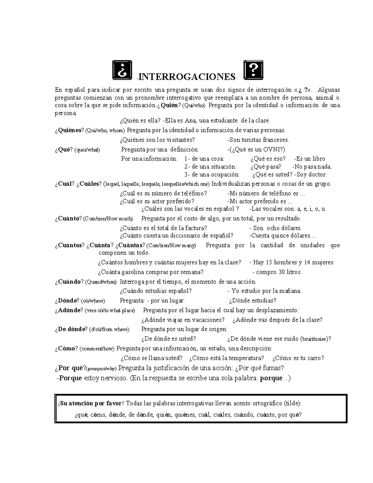 Interrogaciones - Stuffs - INTERROGACIONES En español para indicar por ...