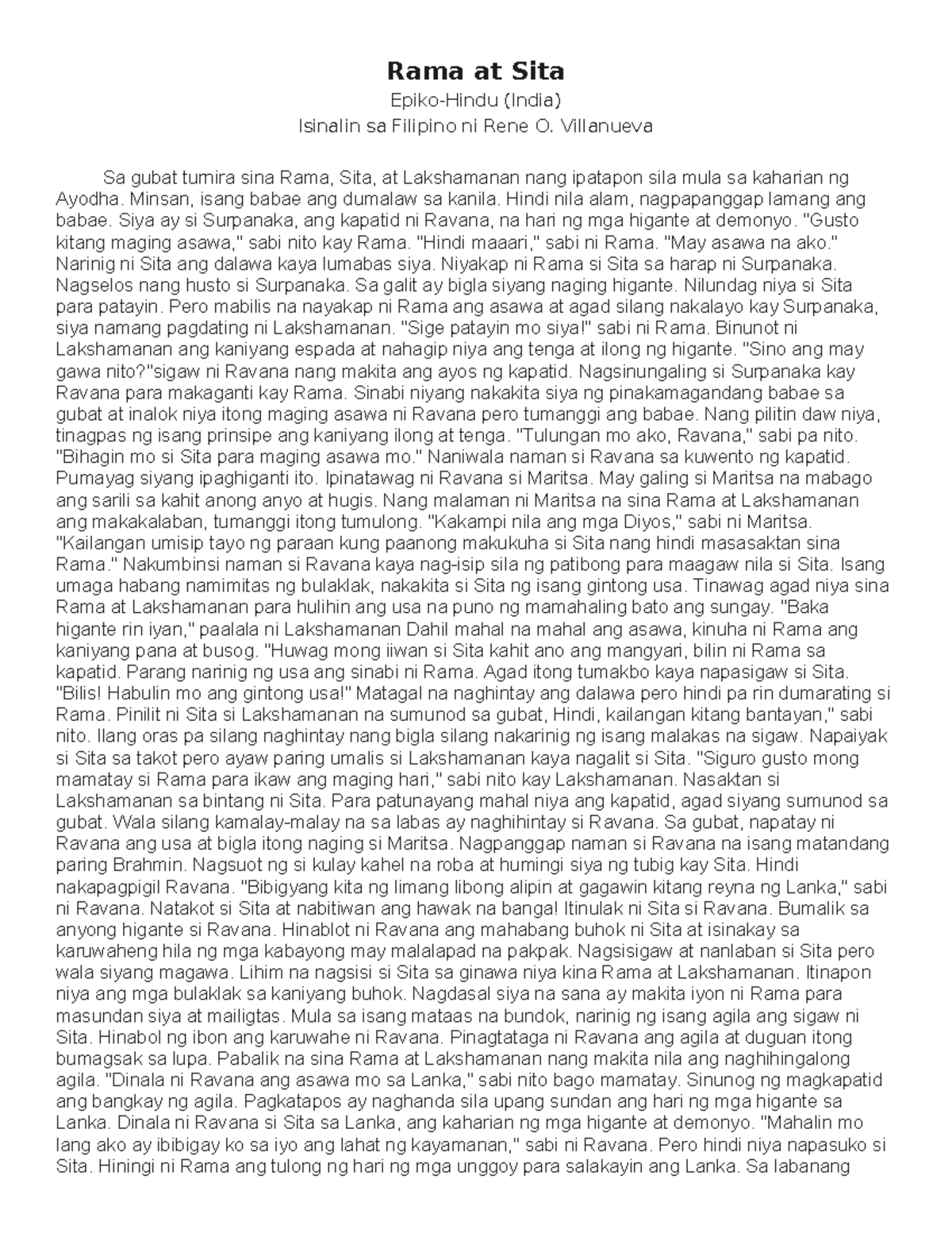 Rama at Sita - Rama at Sita Epiko-Hindu (India) Isinalin sa Filipino ni ...