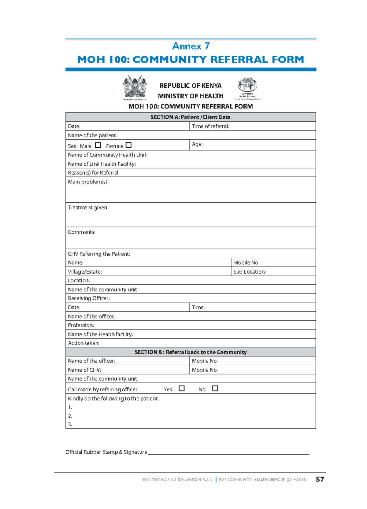 Community Referral form MOH 100 - monitoring And evAluAtion PlAn For ...