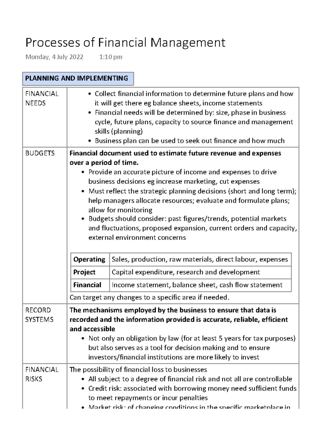 Processes of Financial Management - PLANNING AND IMPLEMENTING FINANCIAL ...