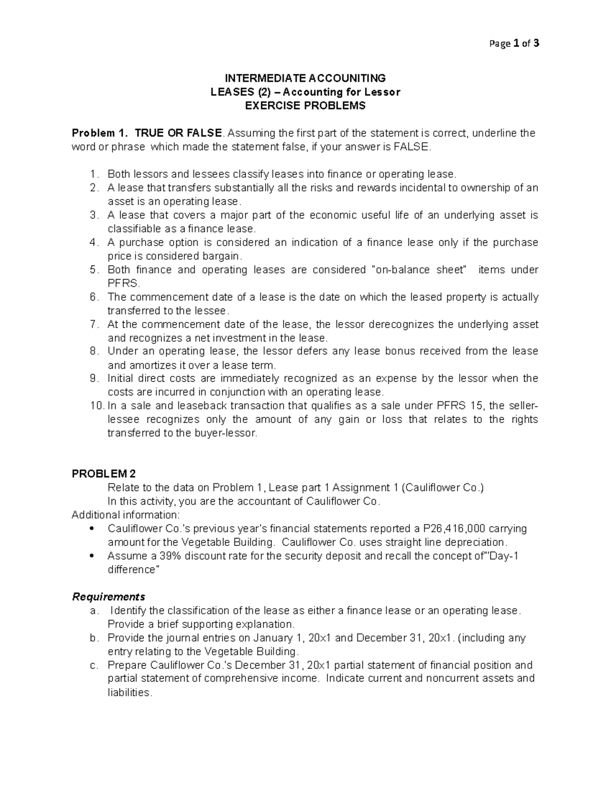 Lease- Lessor Exercise Problems - Page 1 of 3 INTERMEDIATE ACCOUNITING LEASES (2) – Accounting ...