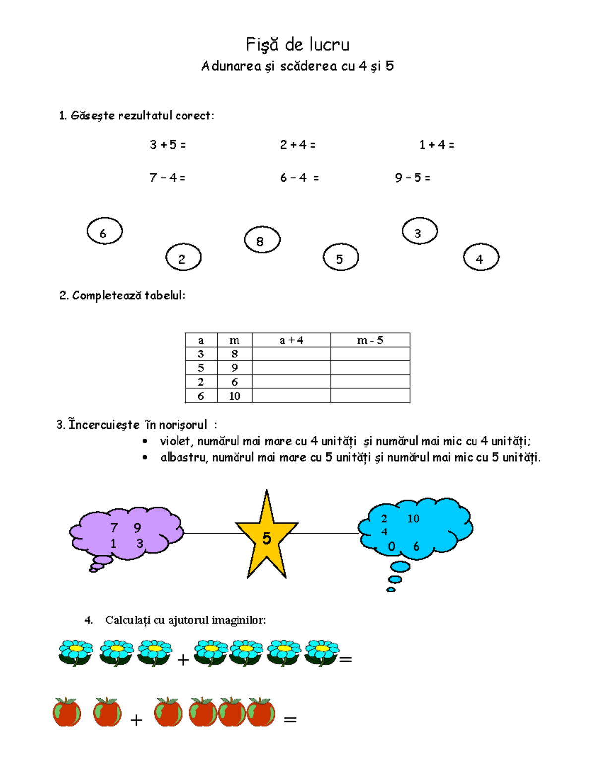 Adunarea si scaderea cu 4 si 5 - Fişă de lucru Adunarea şi scăderea cu 4 şi 5 1. Găseşte ...