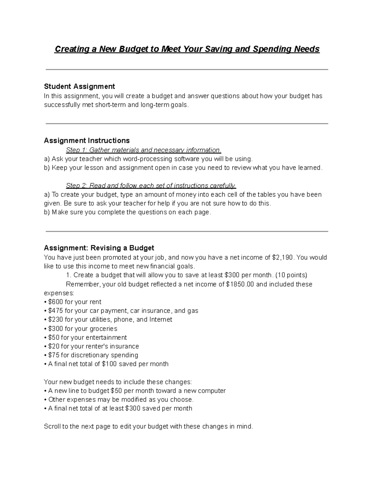 Case Study Personal Financial Planning (Project: Re-Evaluate Budget ...