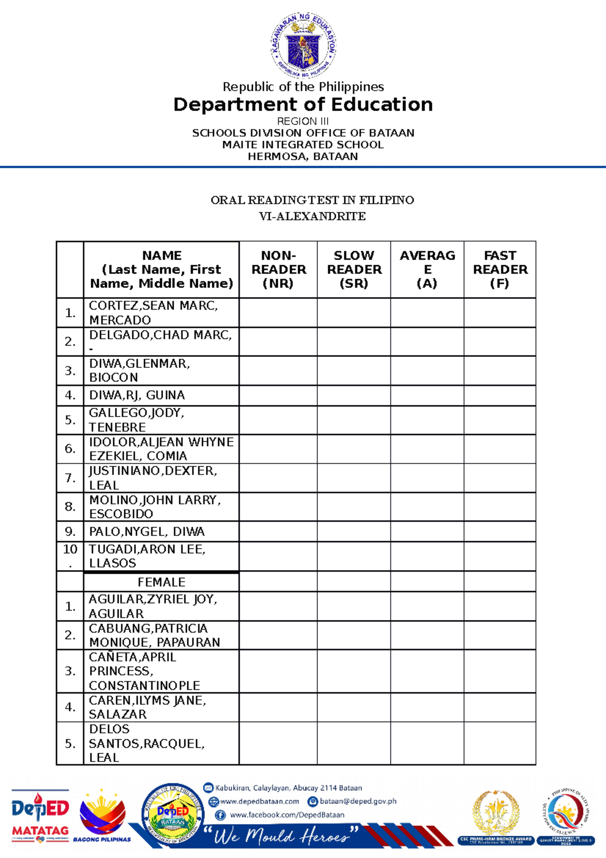 ORT - ORAL READING - Department of Education REGION III SCHOOLS ...