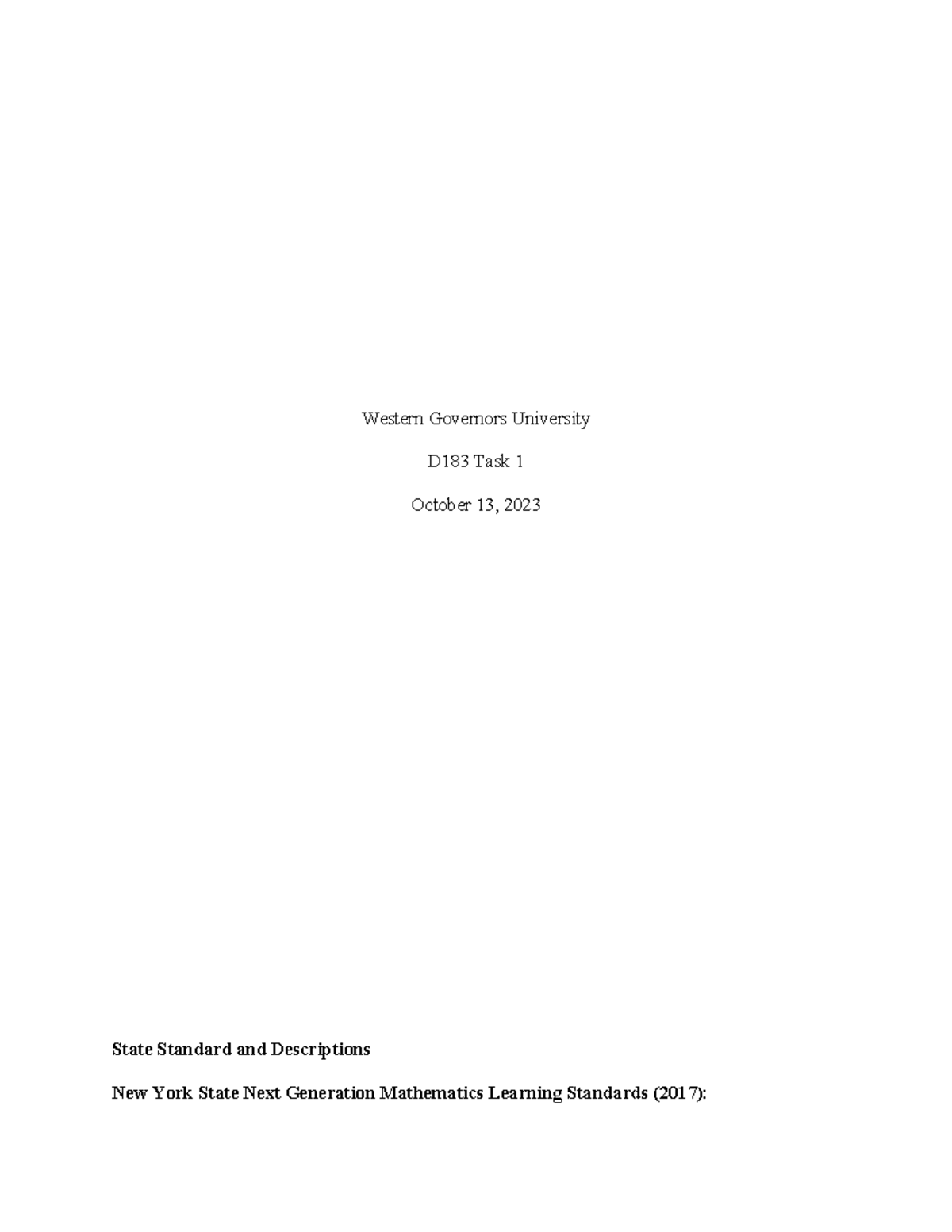 D183 Task 1 - State Standards and Collecting Data - Western Governors ...