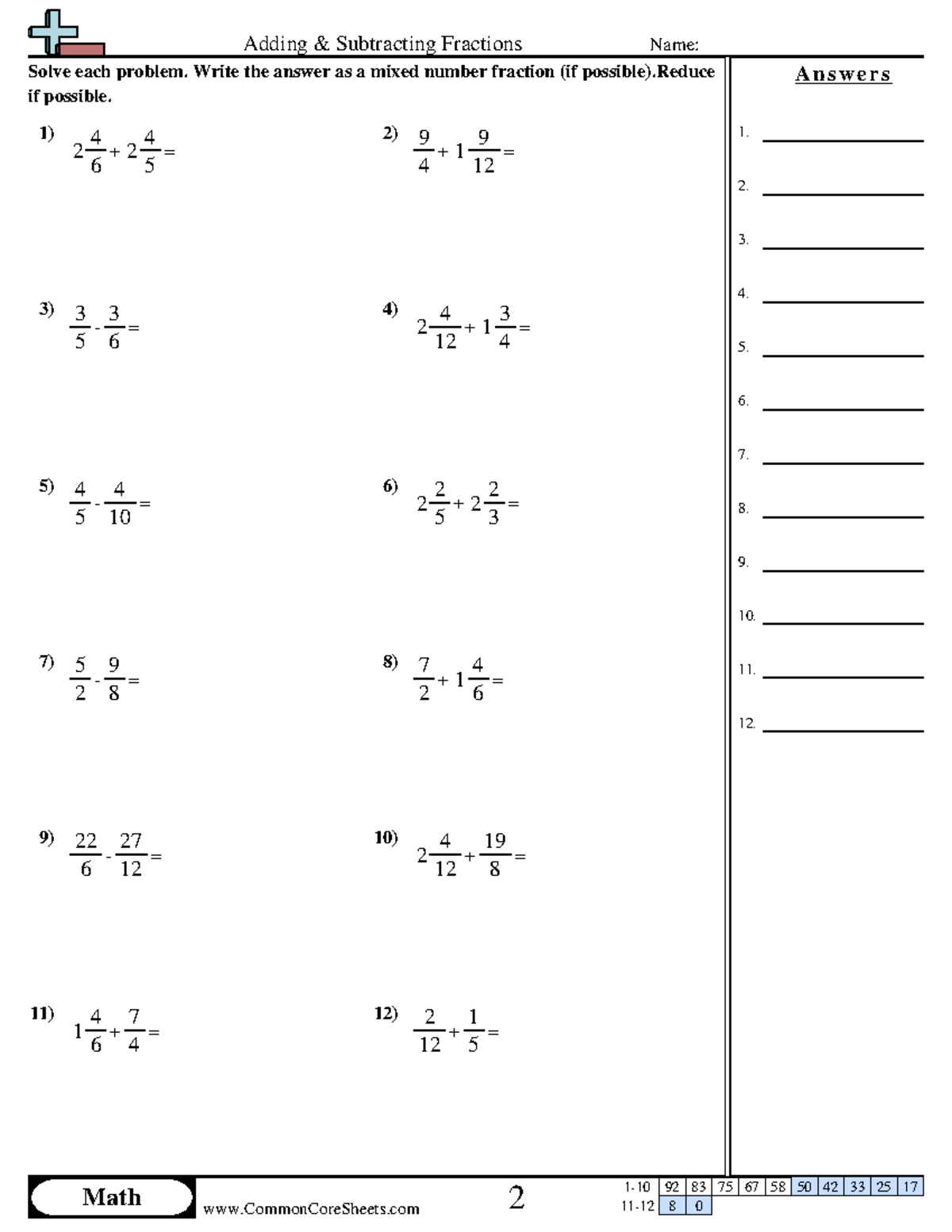 Add and subtract mixed fractions - Adding & Subtracting Fractions Name ...