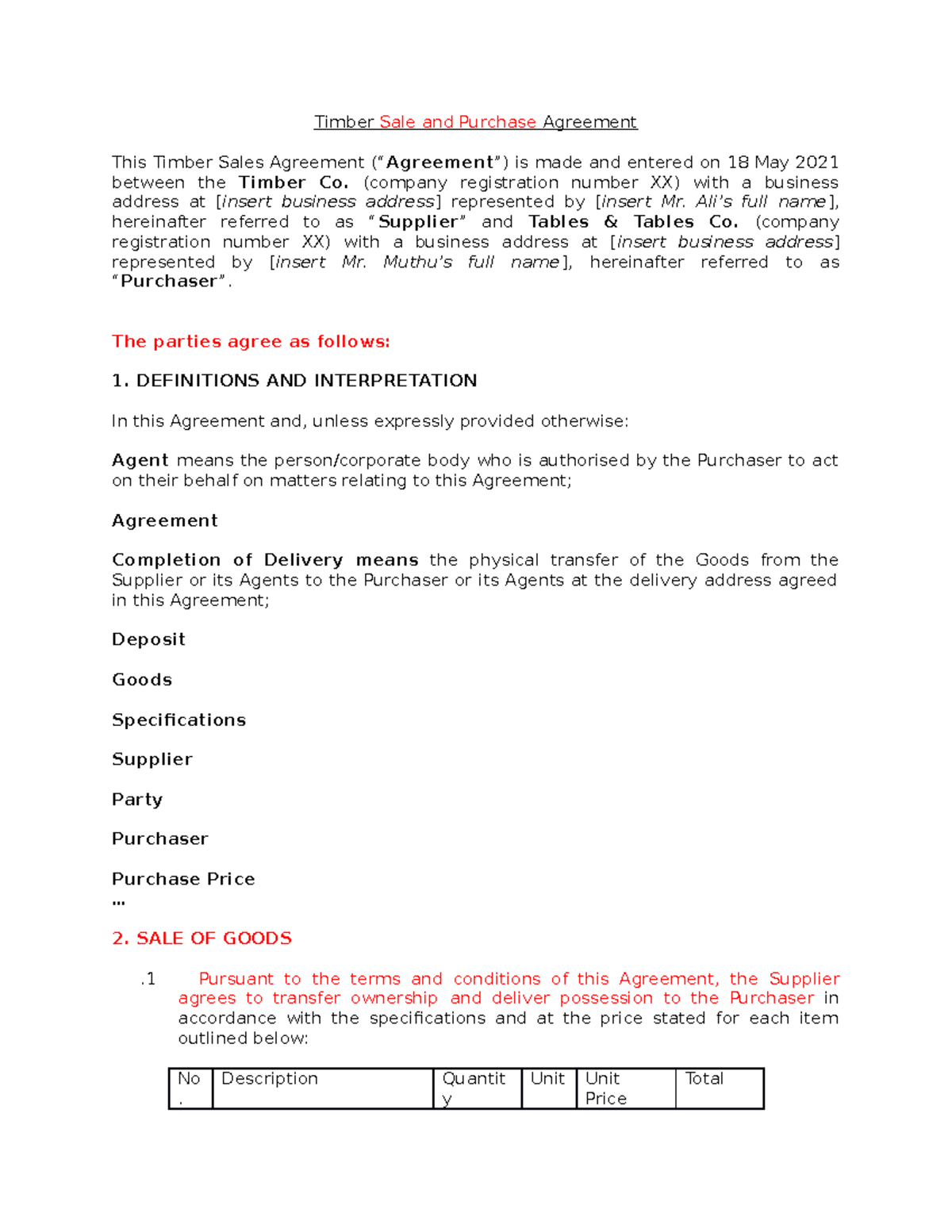 Sales Agreement Sample - Timber Sale and Purchase Agreement This Timber ...