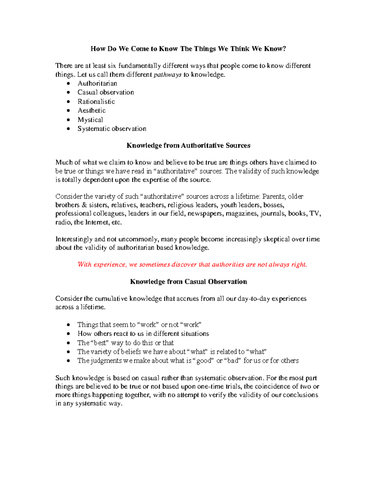Handout 1.1 Pathways - How Do We Come to Know The Things We Think We ...
