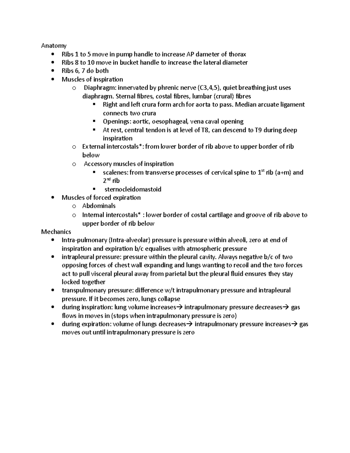 Respiratory Pathophysiology Notes - Anatomy Ribs 1 to 5 move in pump ...