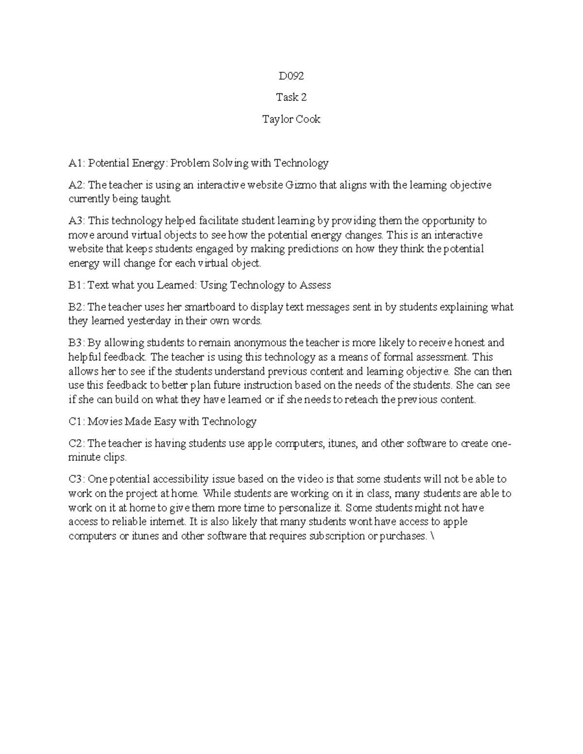 D092 task 2 - no revision needed passed on first submission - D Task 2 ...