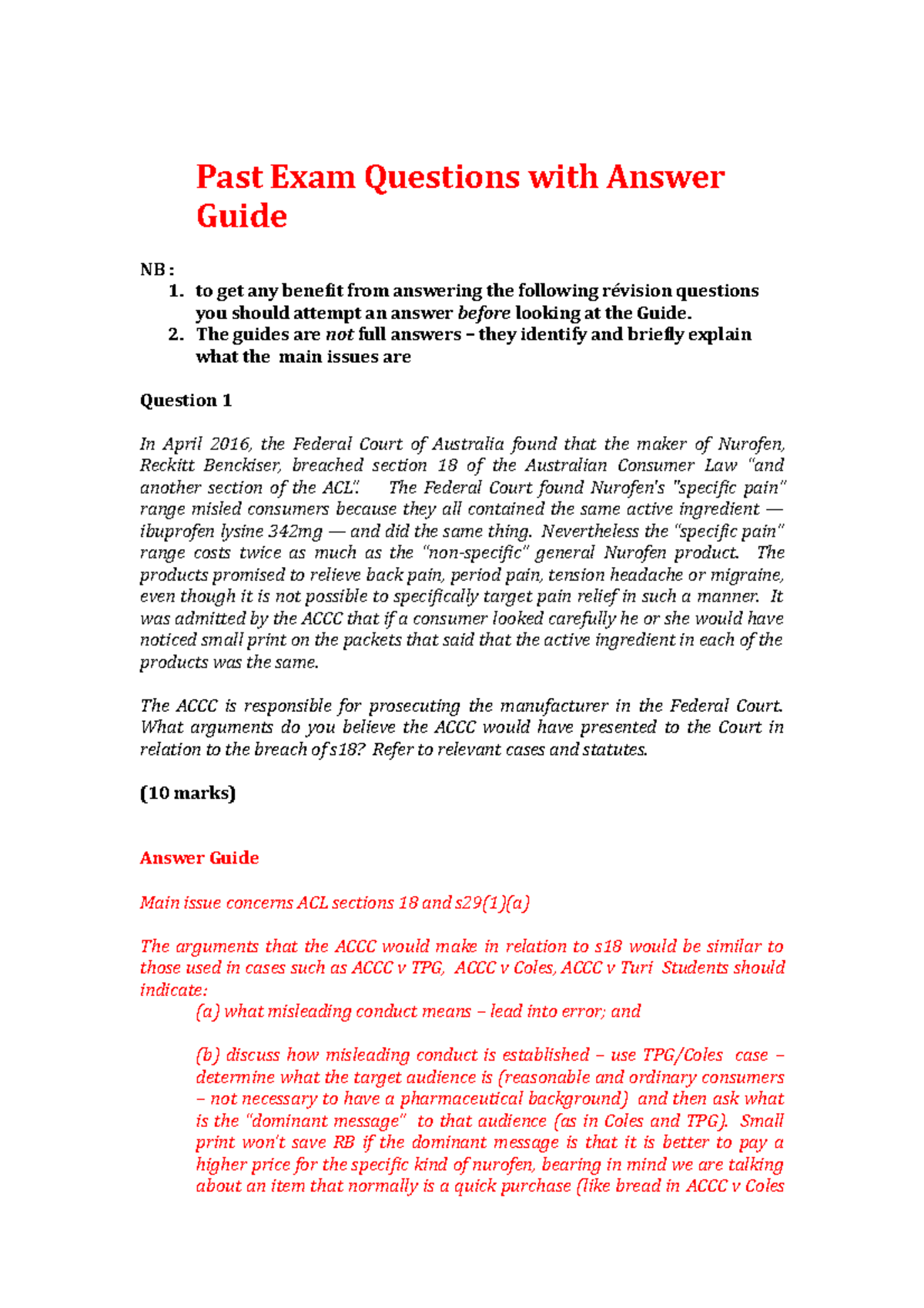 Past Exam Questions with Answer Guide for students - Past Exam ...
