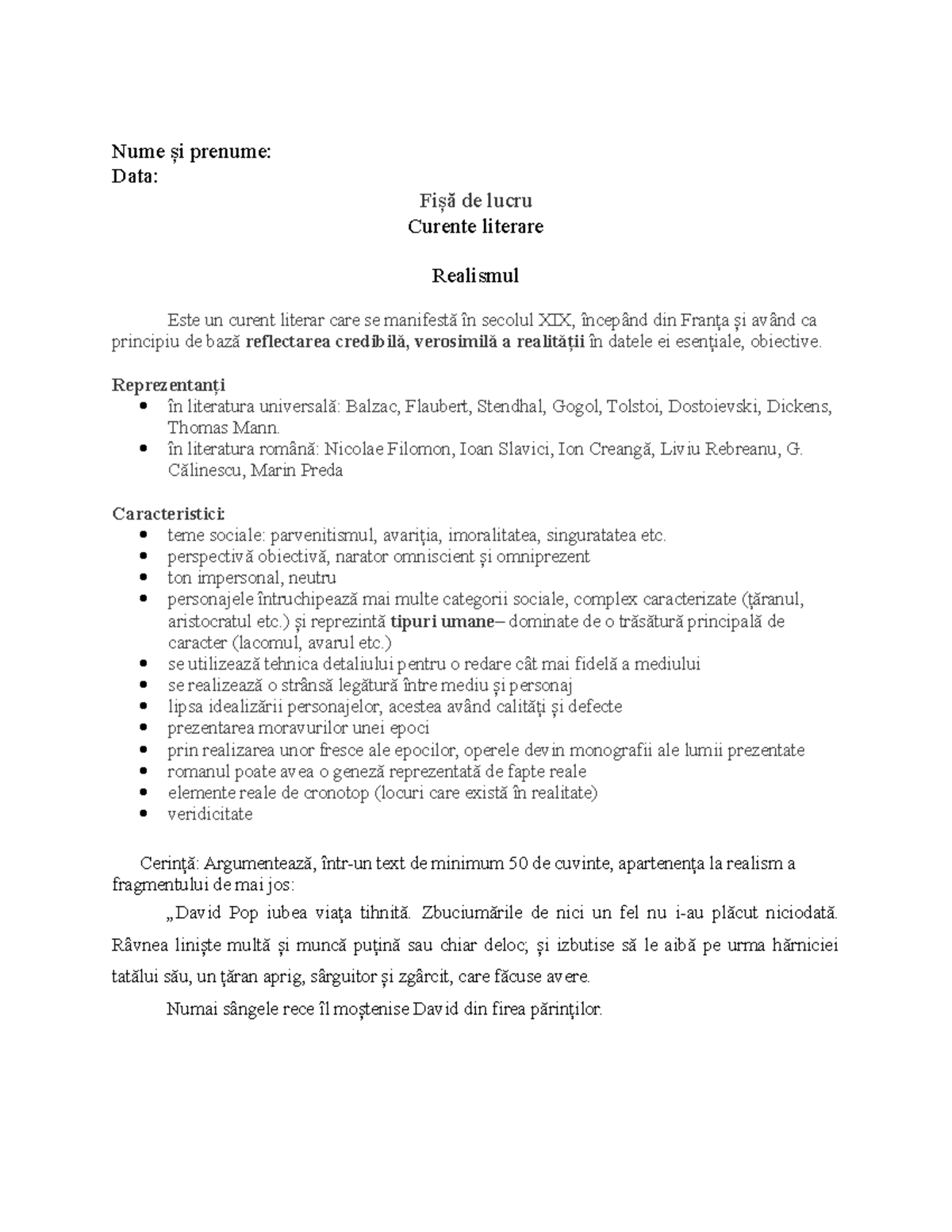 0 realismul fisa de lucru - Nume și prenume: Data: Fișă de lucru ...