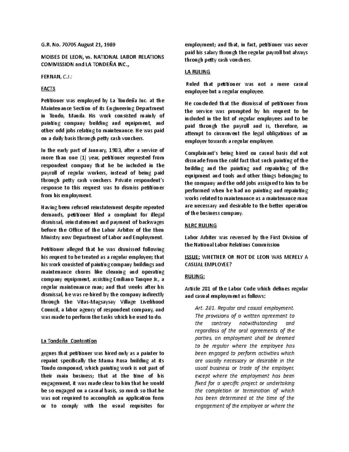 Deleon vs. NLRC - case digest - G. No. 70705 August 21, 1989 MOISES DE ...