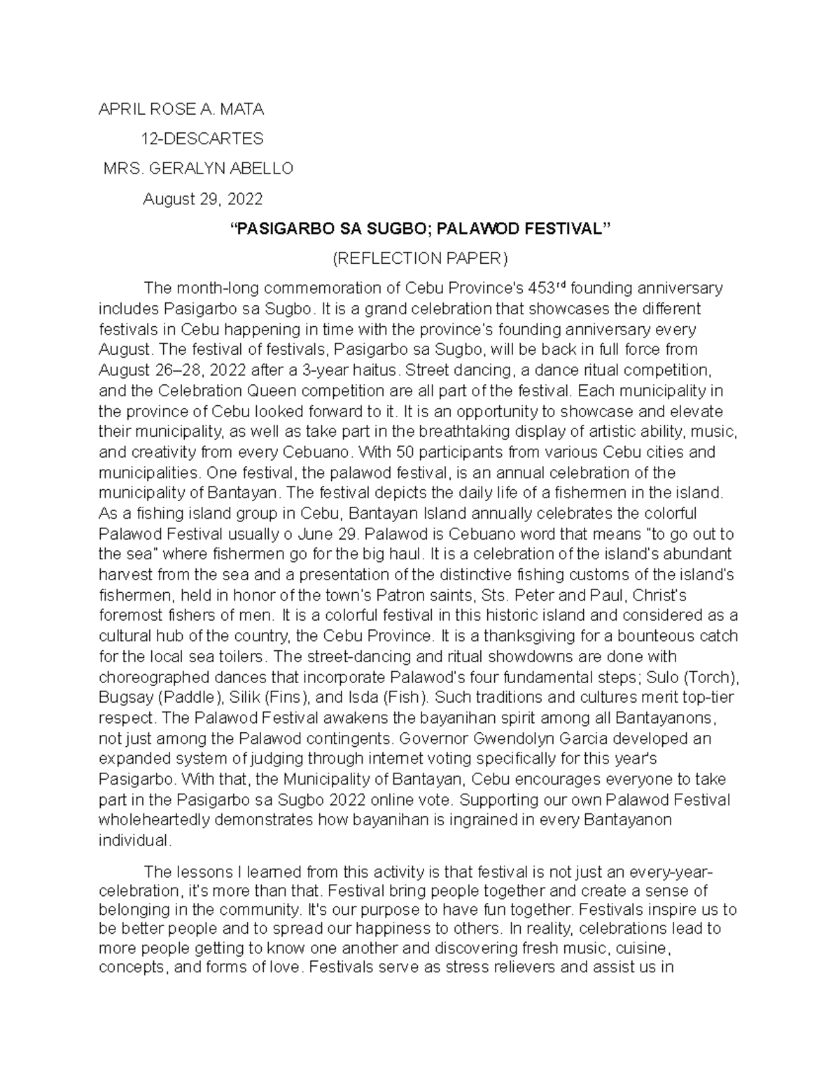Reflection paper - APRIL ROSE A. MATA 12-DESCARTES MRS. GERALYN ABELLO ...