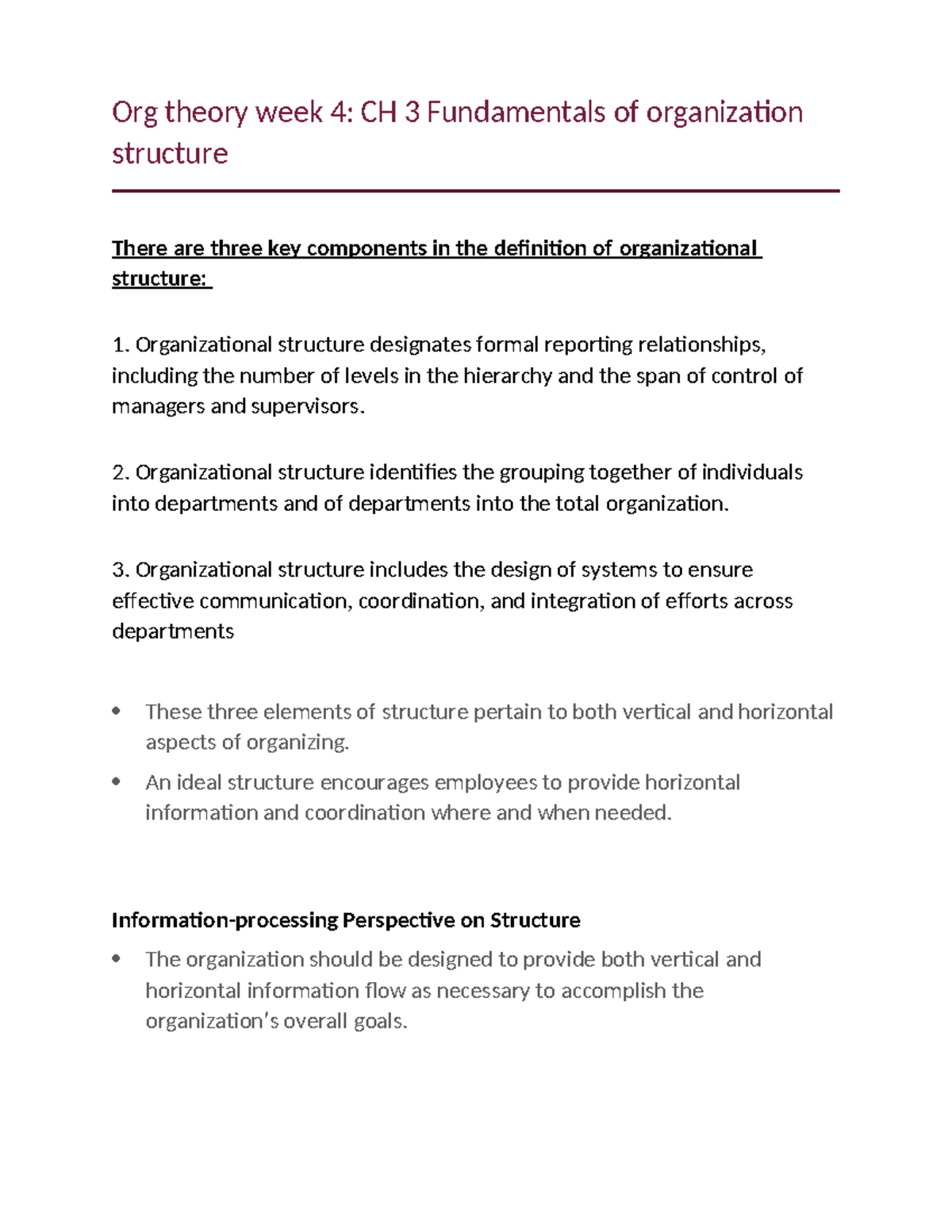 Org theory week 4 - lecture notes - Org theory week 4: CH 3 ...