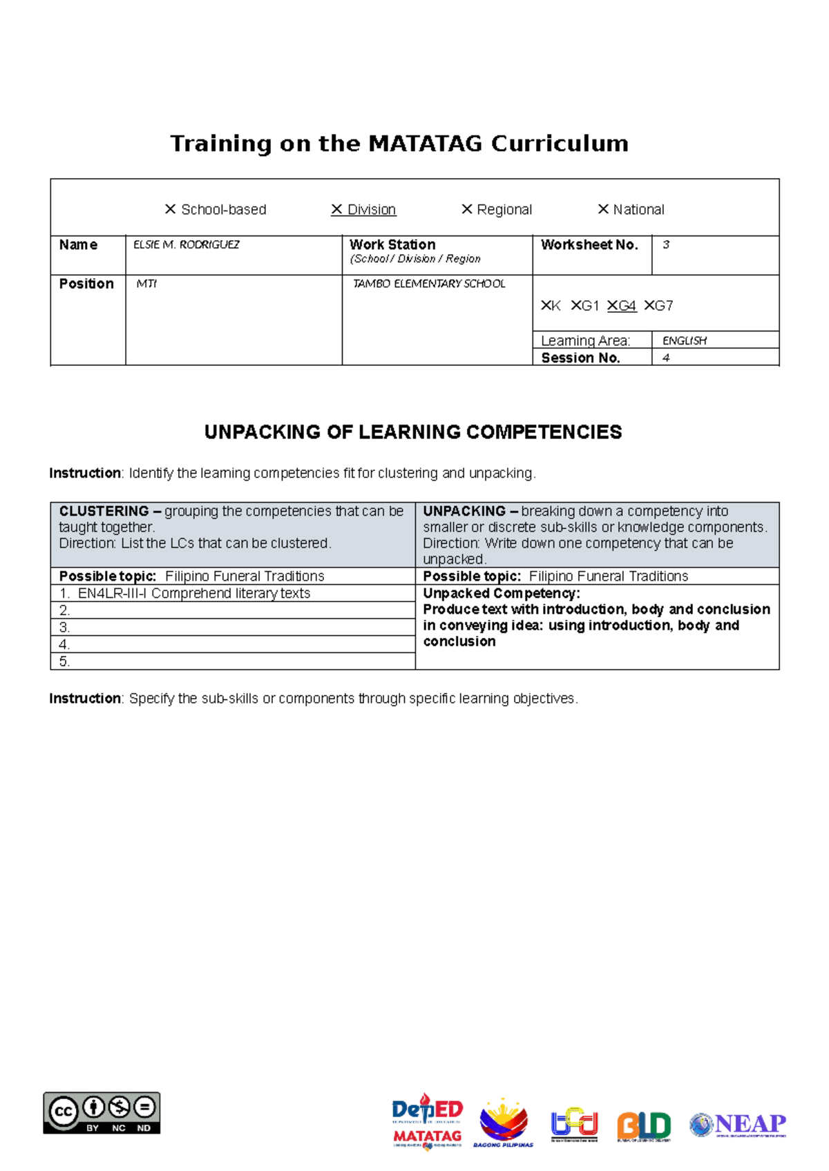 Worksheet 1 Session - Training on the MATATAG Curriculum 𐄂 School-based ...