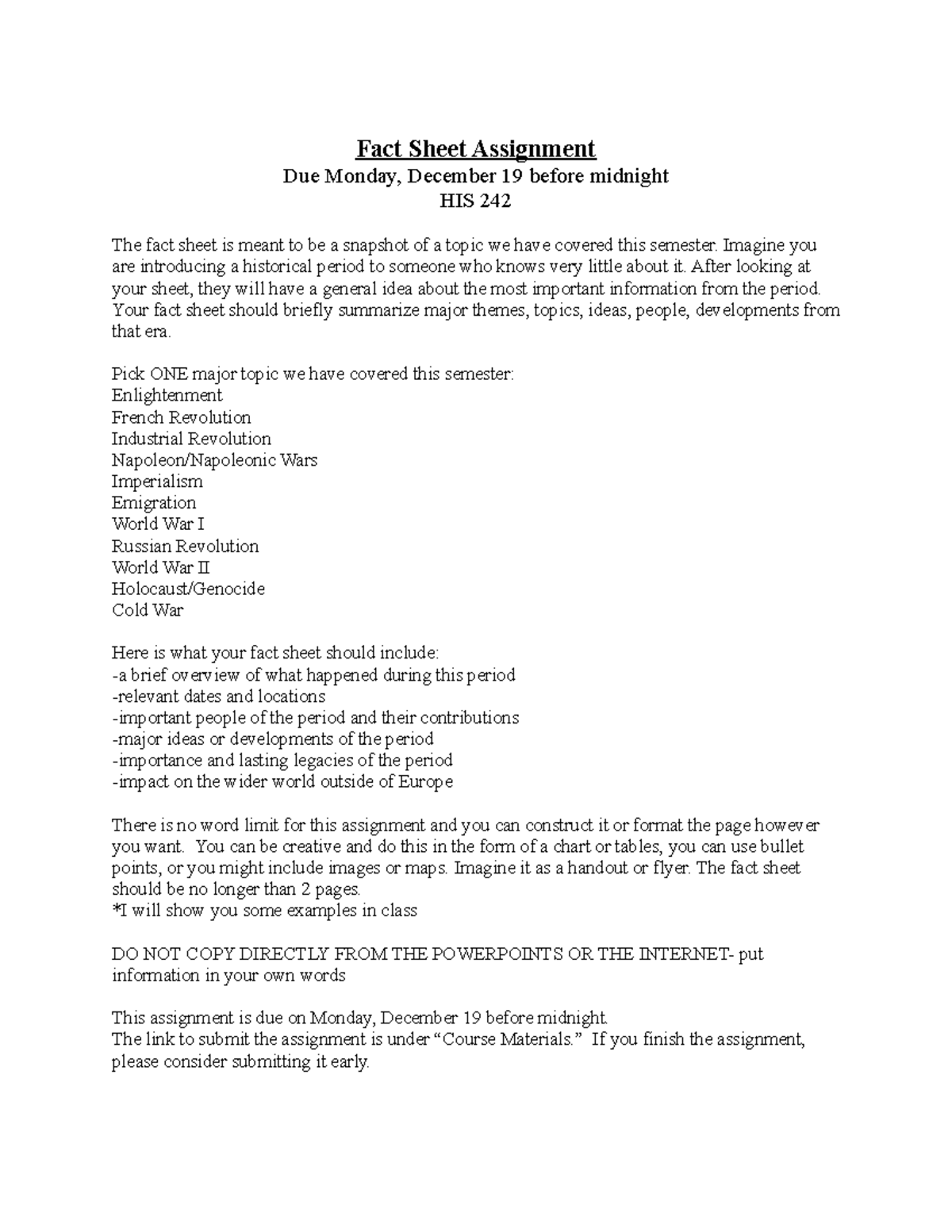 242Fact Sheet Assignment(1) - Fact Sheet Assignment Due Monday ...