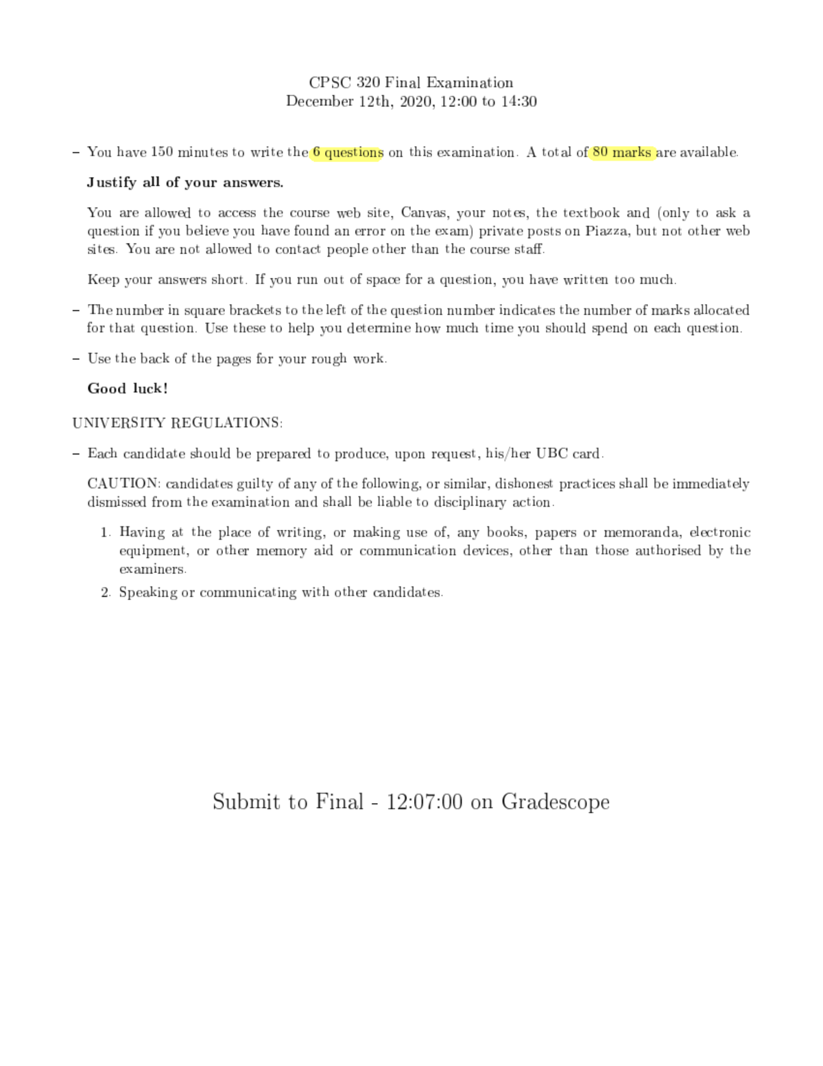 Final Exam - CPSC 320 - UBC - Studocu