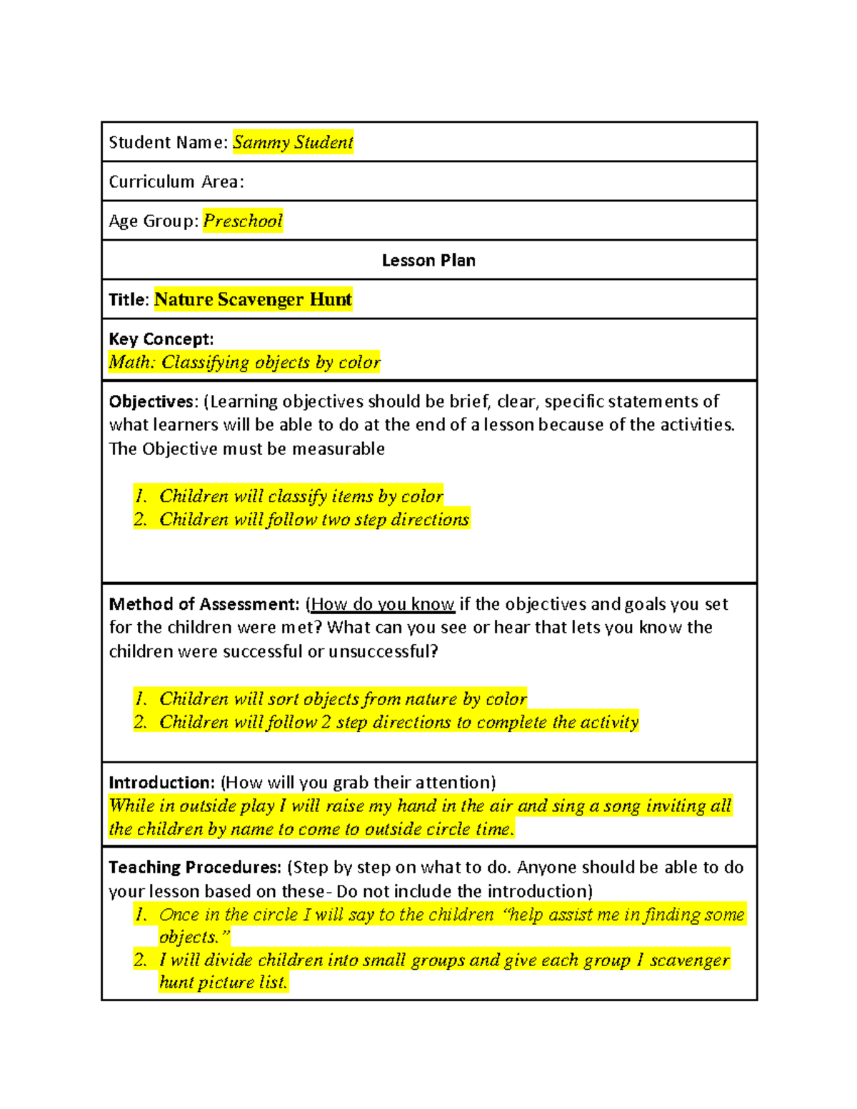CDEV105Lesson Plan Example - Student Name: Sammy Student Curriculum ...