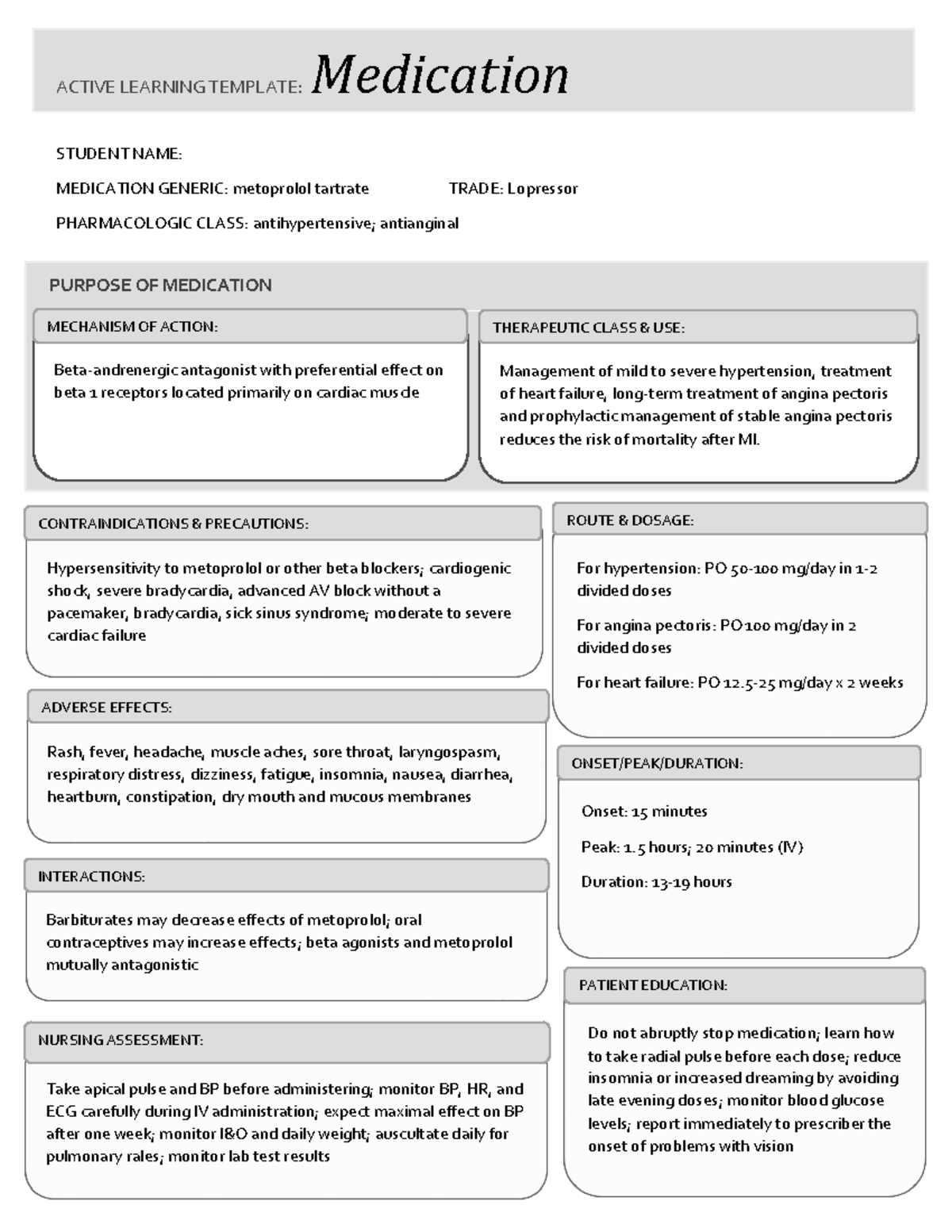 Metoprolol - Med Cards - STUDENT NAME: MEDICATION GENERIC: metoprolol ...