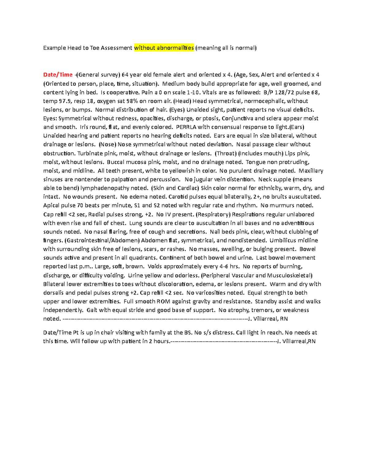 Example of nurse note assessment - Example Head to Toe Assessment ...