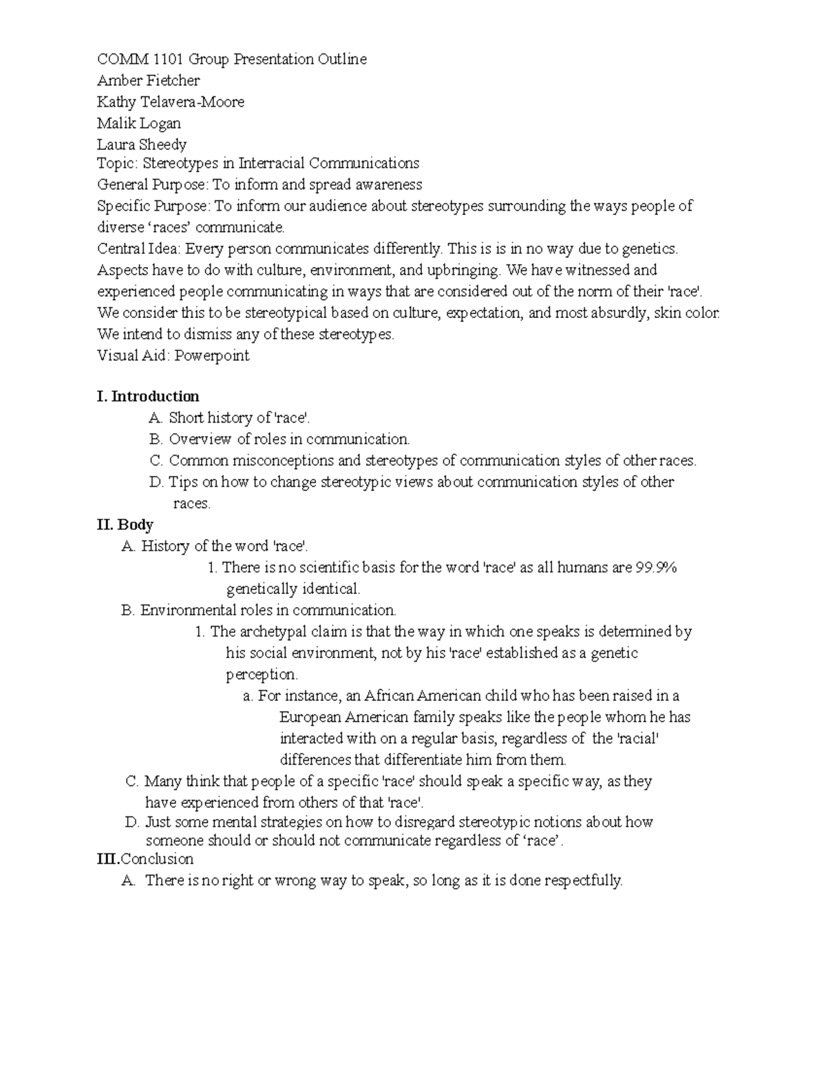 Outline For Human Com. Project - COMM 1101 Group Presentation Outline ...