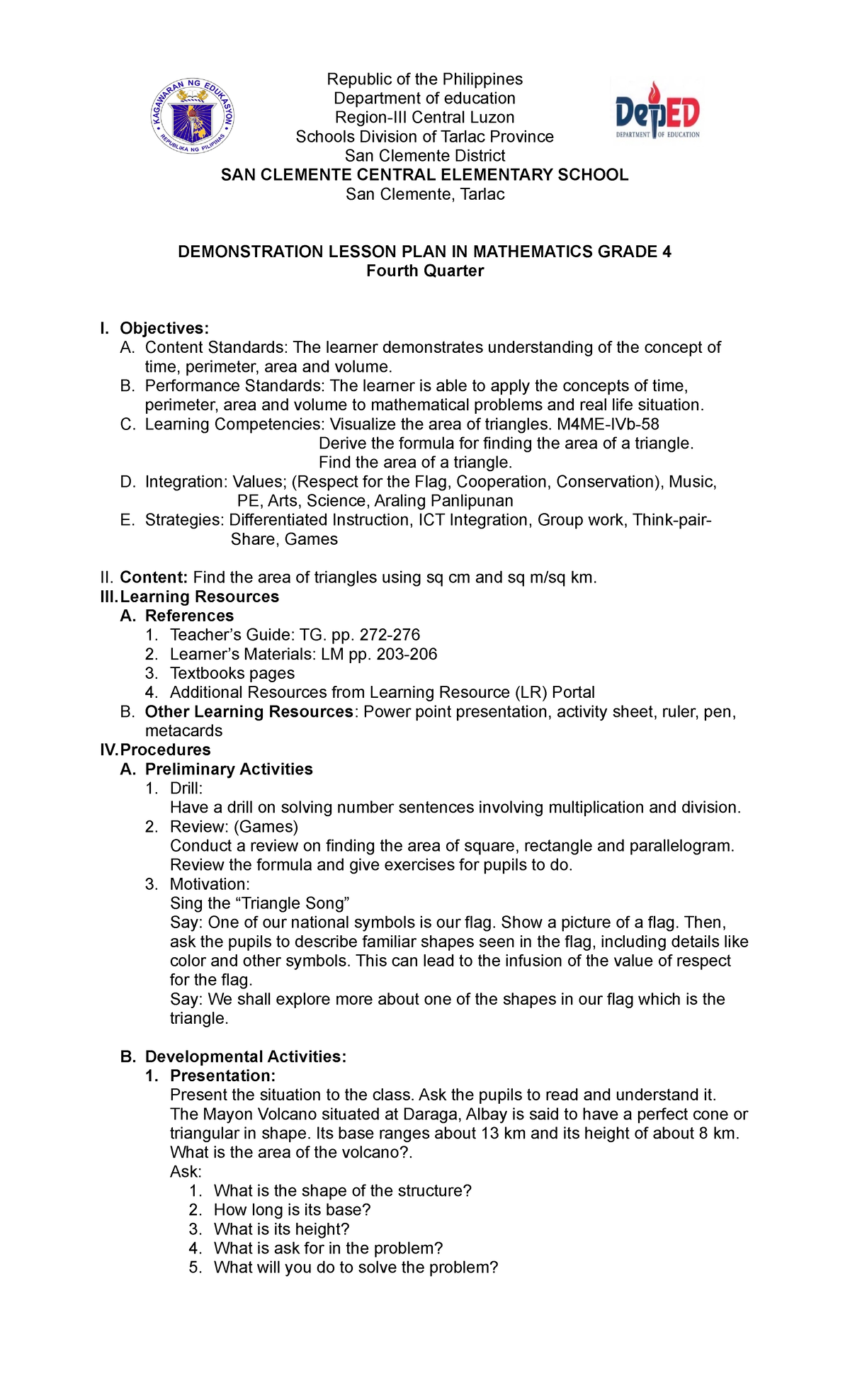 407390651 DEMO MATH Grade 4 COT docx - Republic of the Philippines ...