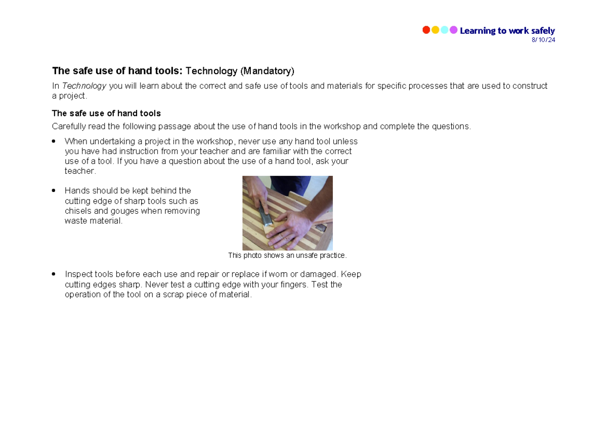 Safe use of hand tools worksheet - Learning to work safely 8/10/ The ...