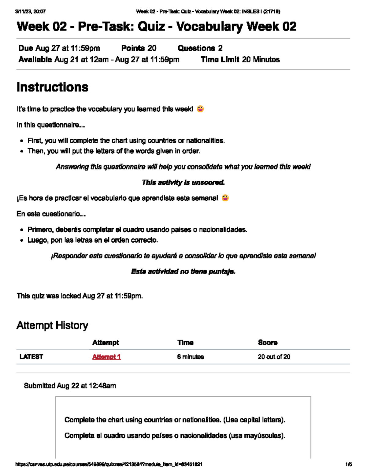 Week 02 - Pre-Task Quiz - Vocabulary Week 02 - Ingles I - Studocu