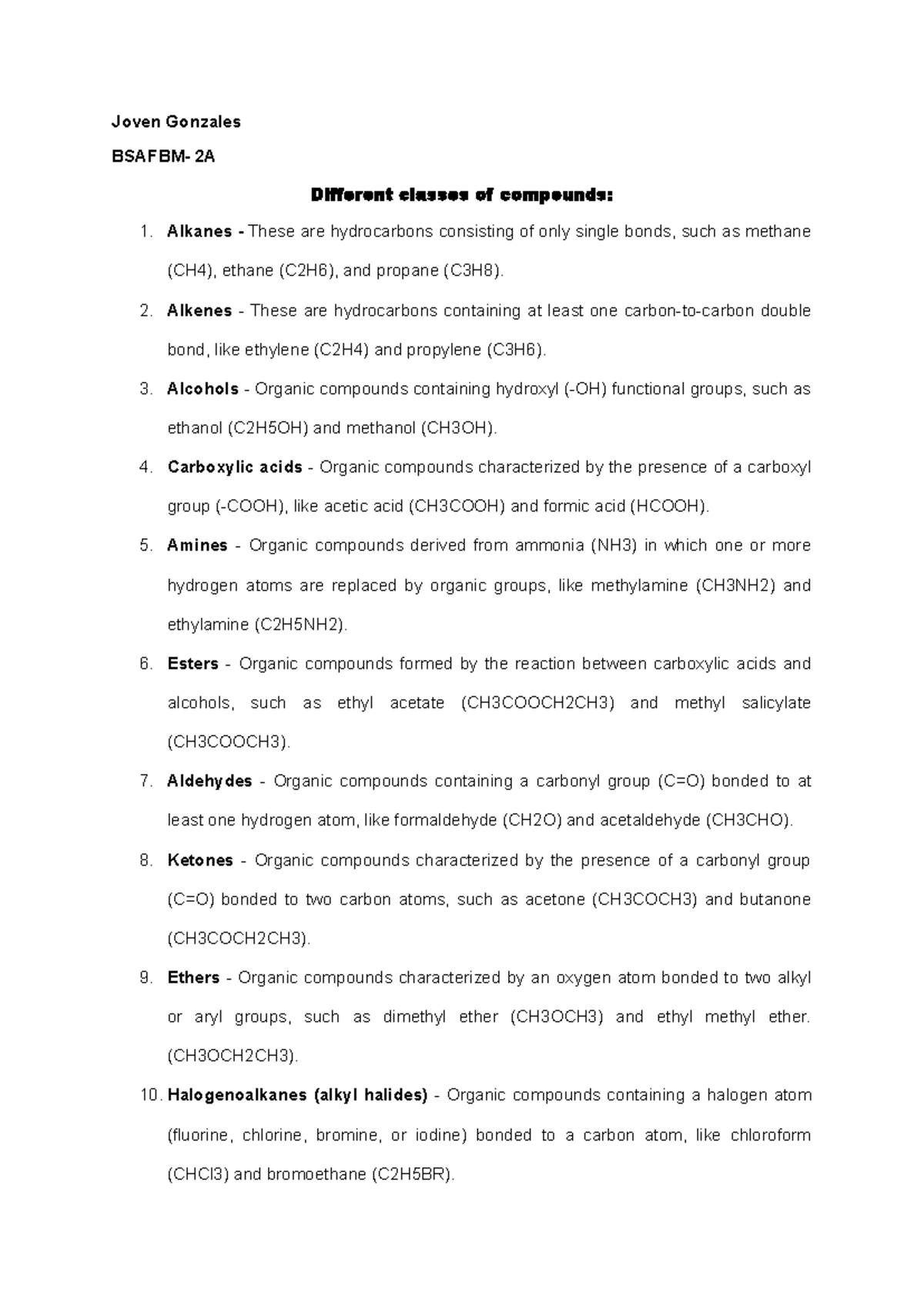 Different Classes OF Compounds - Joven Gonzales BSAFBM- 2A Different ...