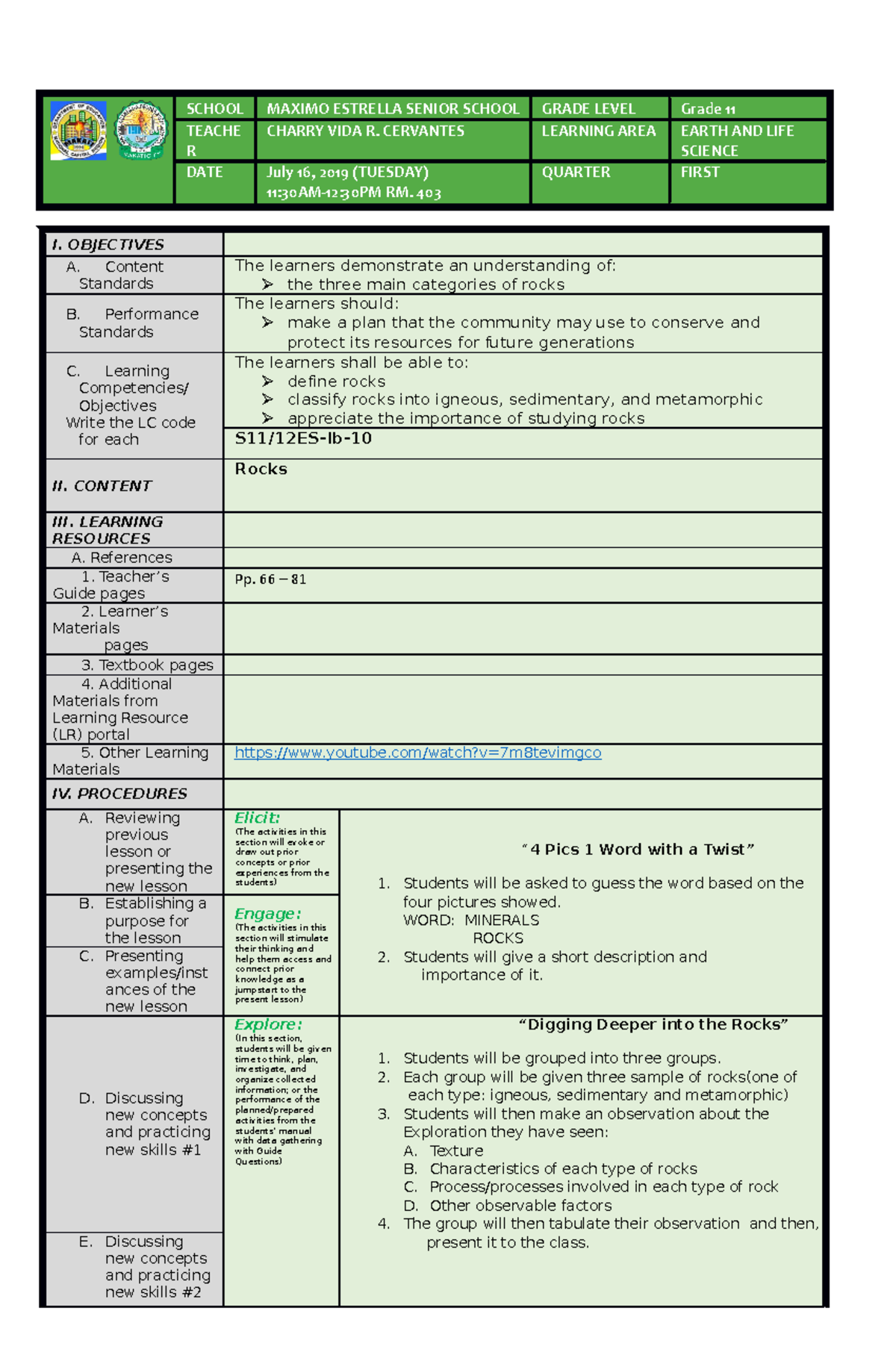 Rocks-DLP FOR SHS - SCHOOL MAXIMO ESTRELLA SENIOR SCHOOL GRADE LEVEL ...