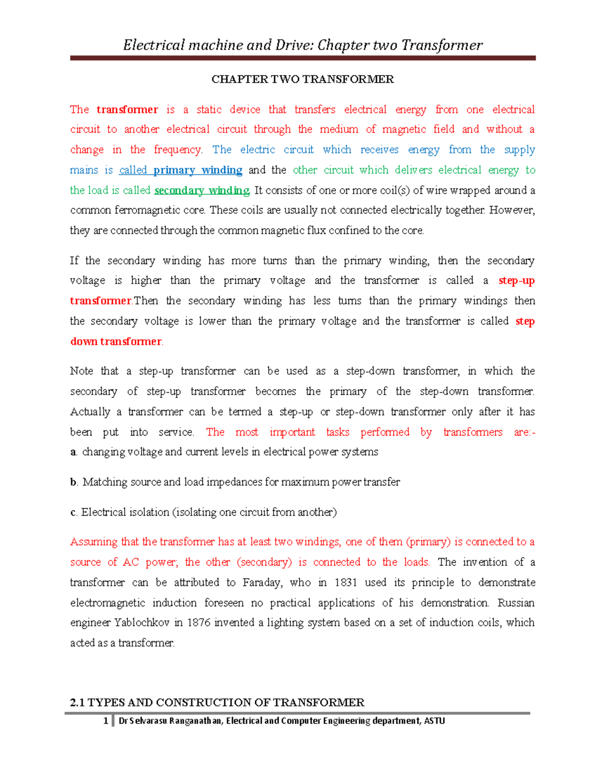 Chap 2 - ece - CHAPTER TWO TRANSFORMER The transformer is a static ...