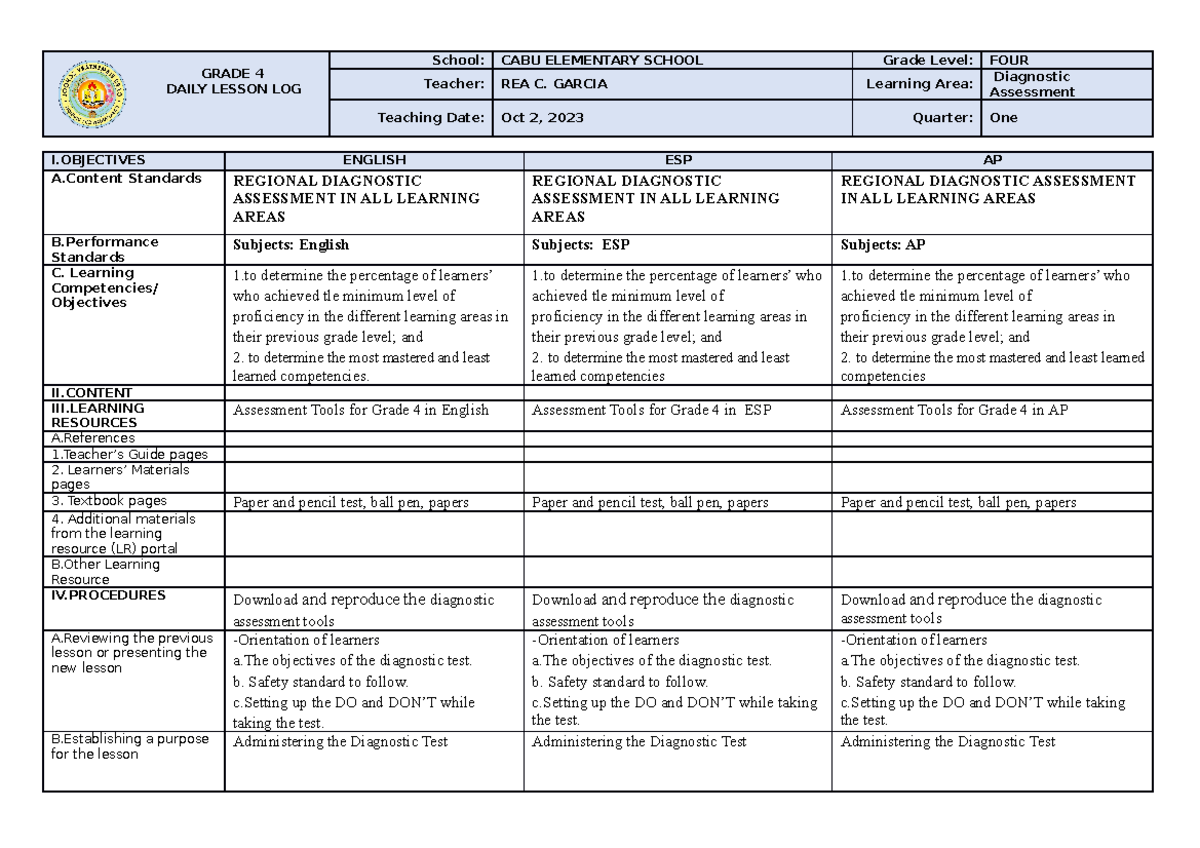 Quarter 1-Week 6 dlp - ####### GRADE 4 ####### DAILY LESSON LOG ####### School: CABU ELEMENTARY ...