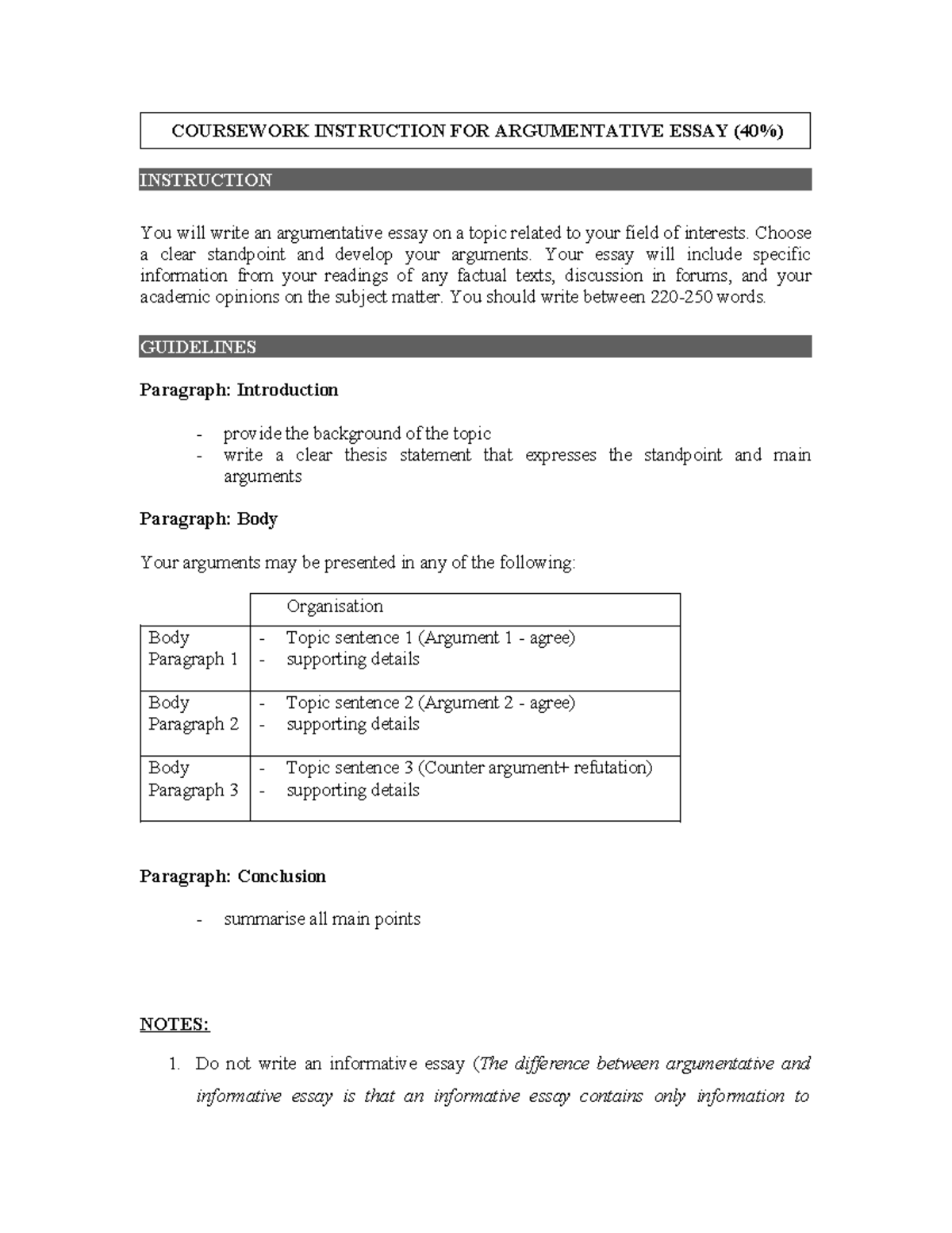 Guidelines Rubrics Argumentative Essay - COURSEWORK INSTRUCTION FOR ...