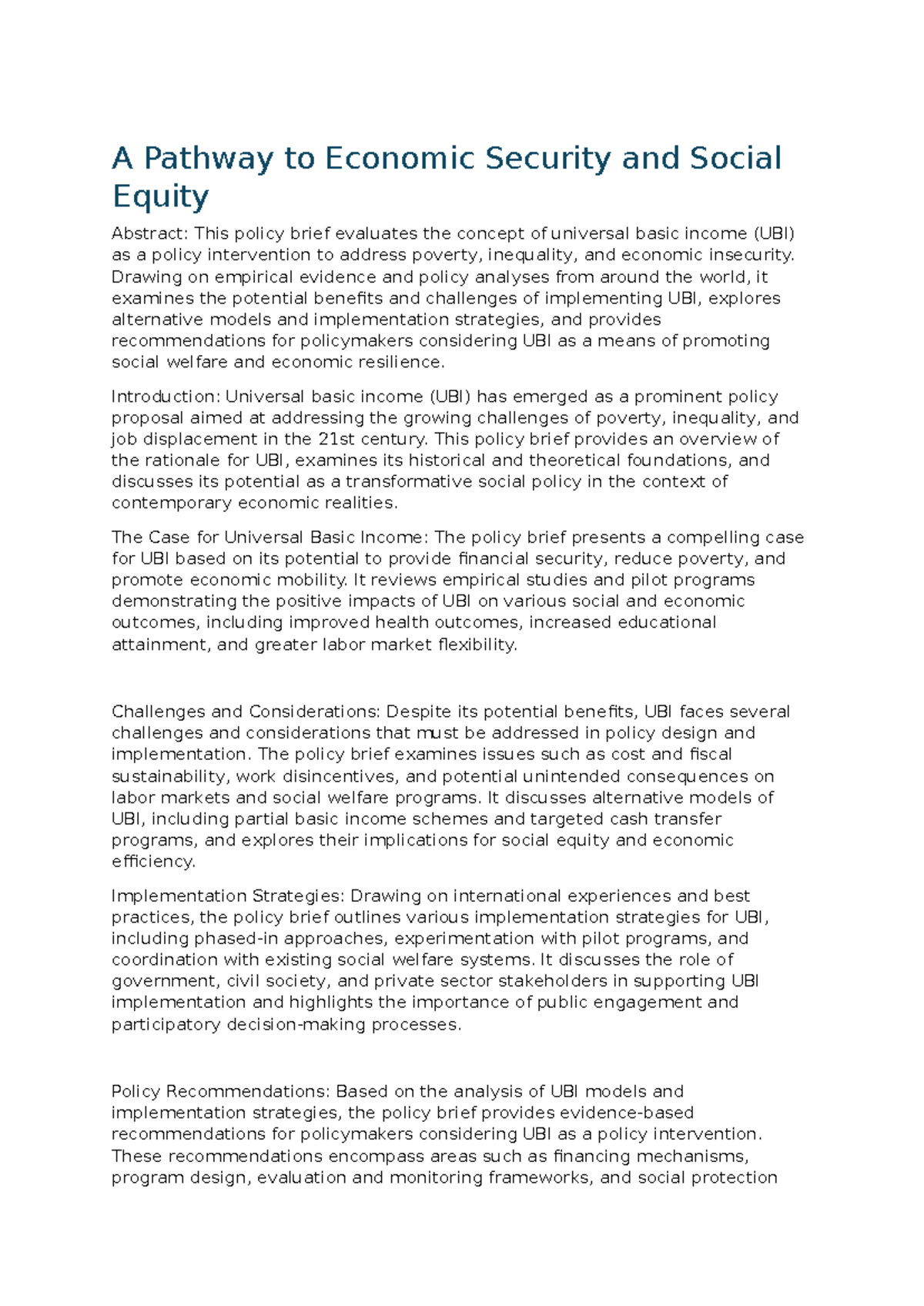 A Pathway to Economic Security and Social Equity - A Pathway to ...