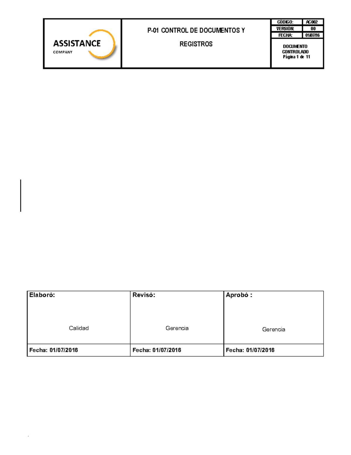 P-01 Control de Documentos y Registros - ASSISTANCE COMPANY P-01 CONTROL DE DOCUMENTOS Y ...