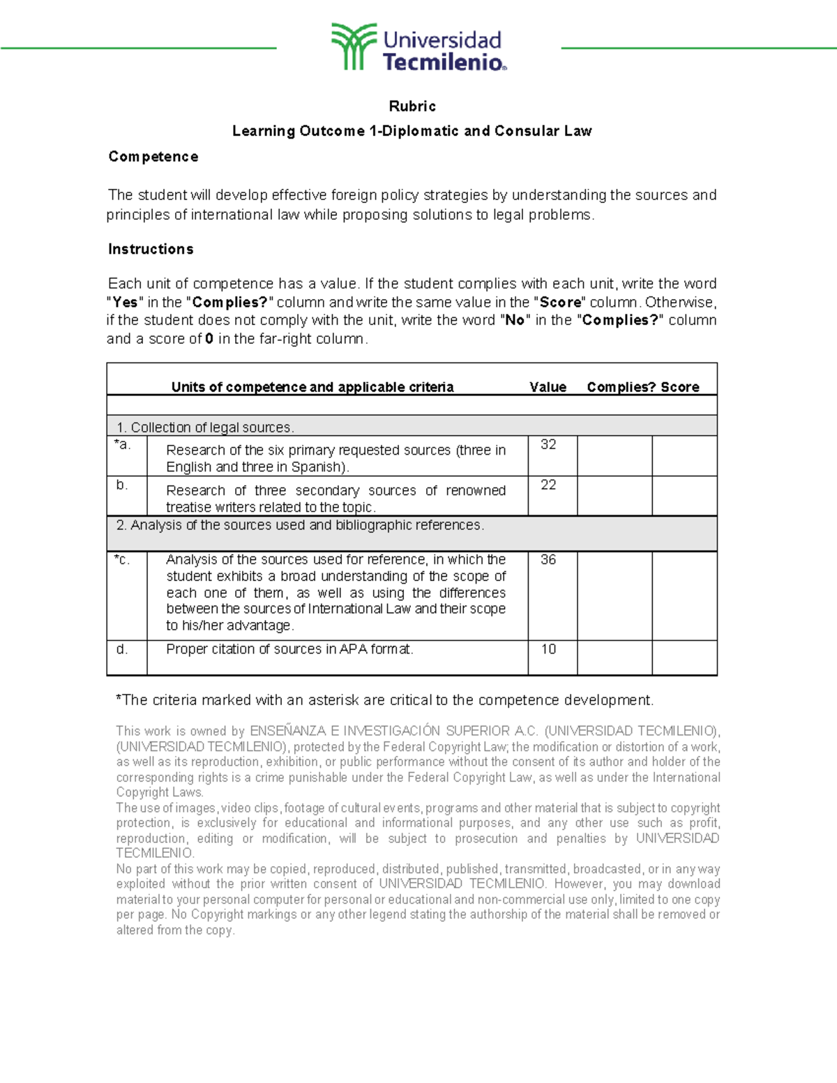 Learning Outcome 1 - Law - Rubric Learning Outcome 1-Diplomatic and ...