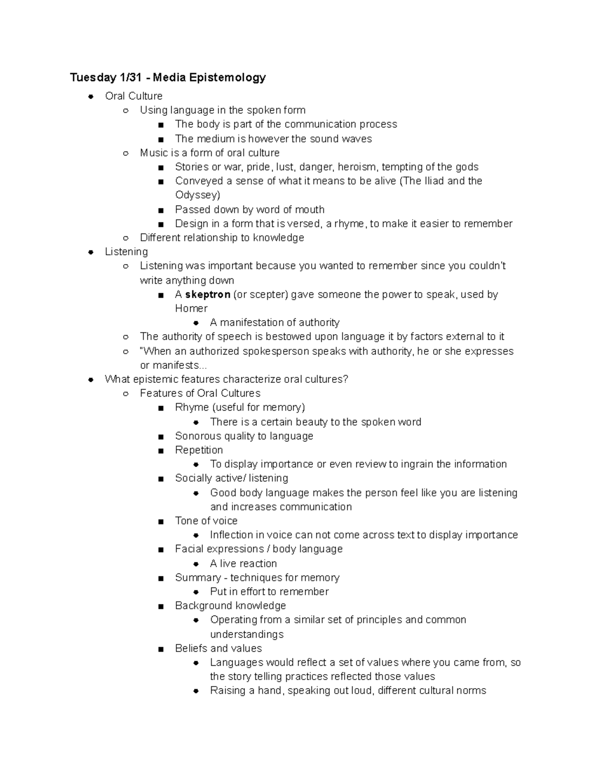 COMM 1500 Week 4 Notes - Tuesday 1/31 - Media Epistemology Oral Culture ...