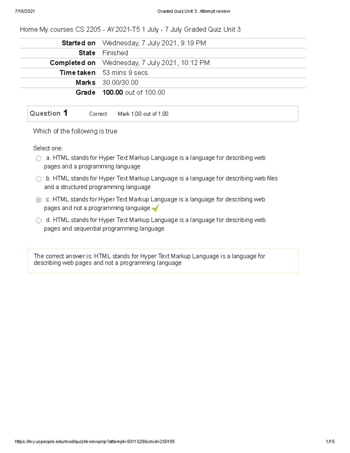 Graded Quiz Unit 3 Attempt review - Started on Wednesday, 7 July 2021 ...