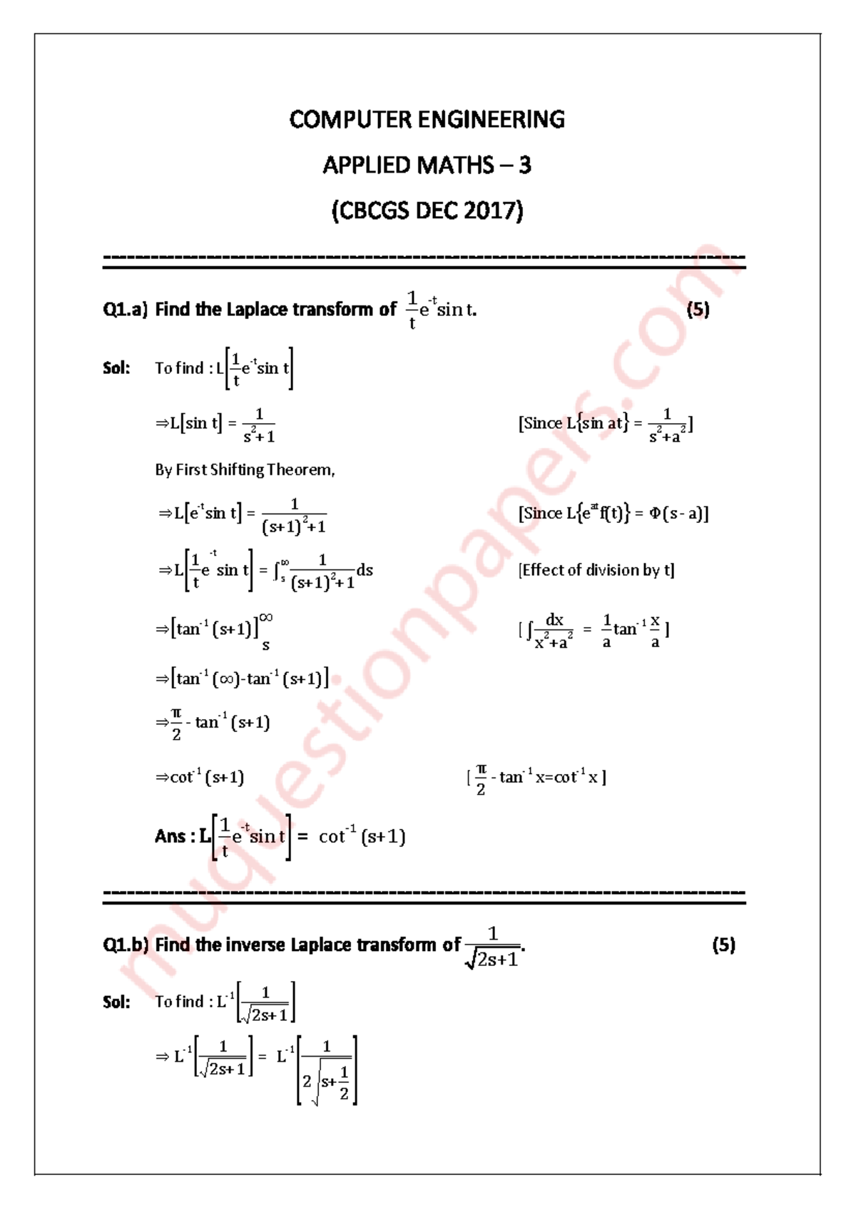 M3 Solved Papers - COMPUTERENGINEERING APPLIEDMATHS– 3 (CBCGSDEC 2017 ) Q 1 - Studocu